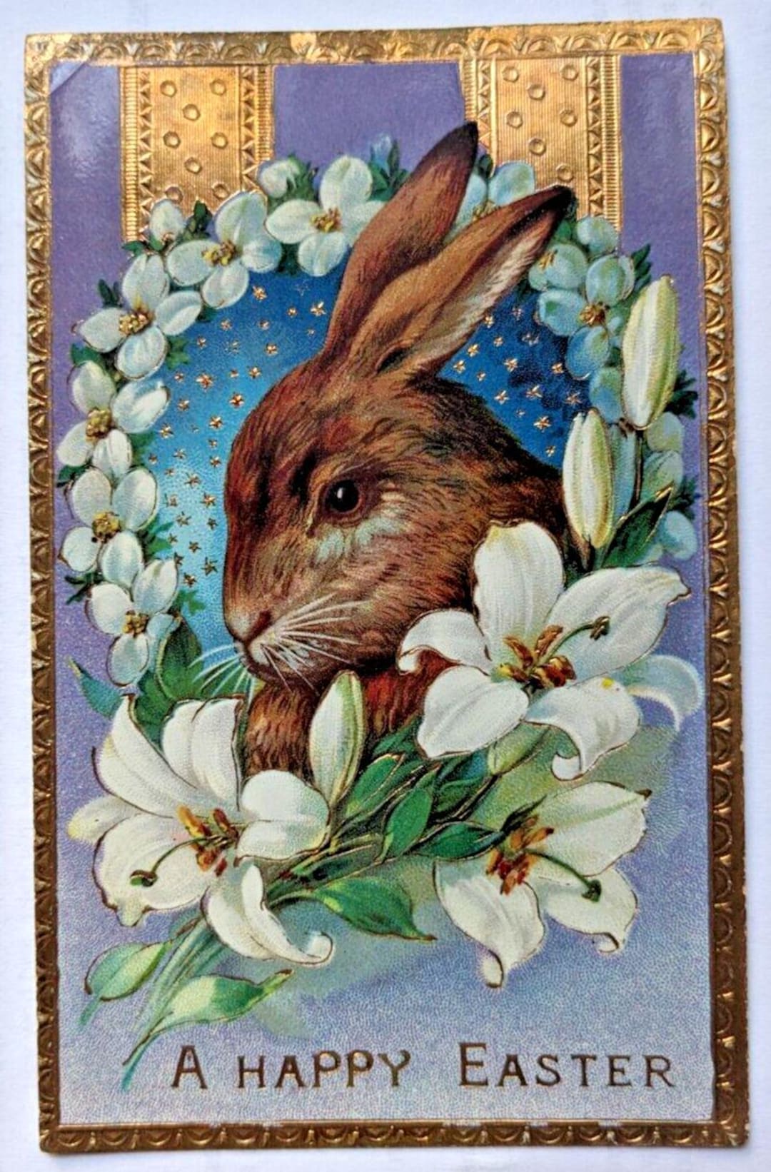 Easter Greetings Antique Postcard Rabbit Lilies Flowers Gold Gilt ...