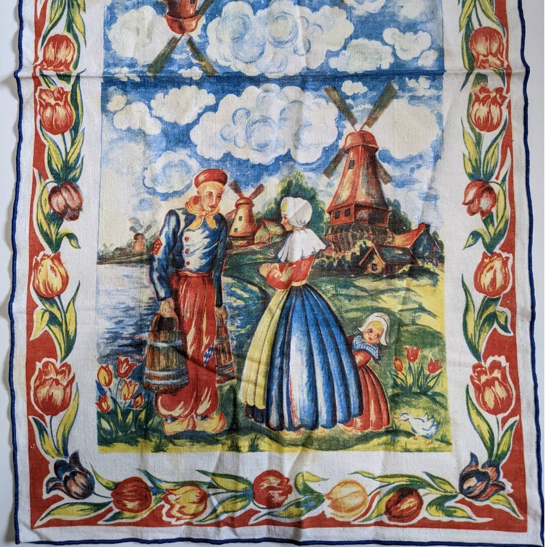 Vintage Dutch Tea Towel With Tulips and Windmill Design, Dutch Women ...