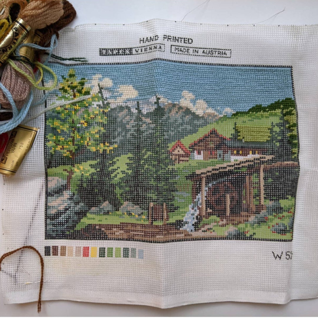 Vintage Needlepoint Kit From Tapex Vienna // Swiss Alps Chalet Forest ...