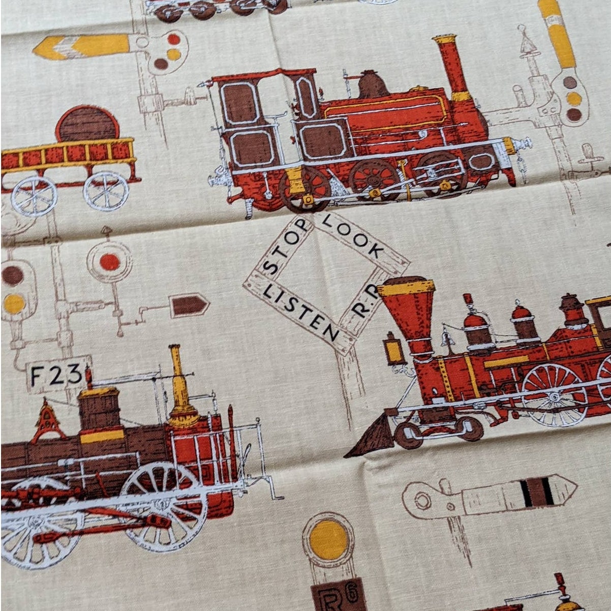 Vintage Mid-century Train Fabric Remnant, 20 by 23 Steam Trains ...