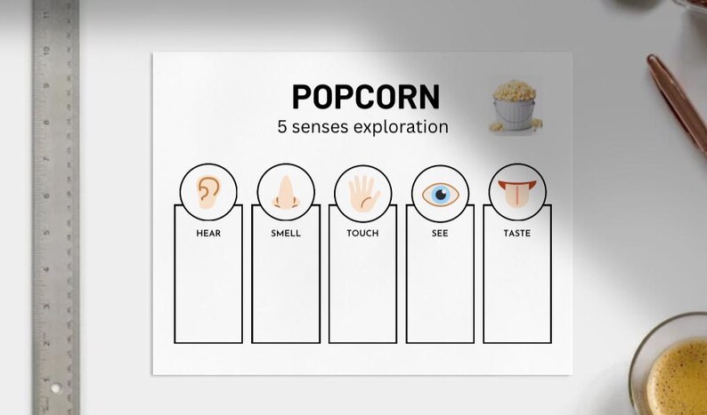5 Senses - Popcorn Activity | Printable Science Worksheet for Preschool ...
