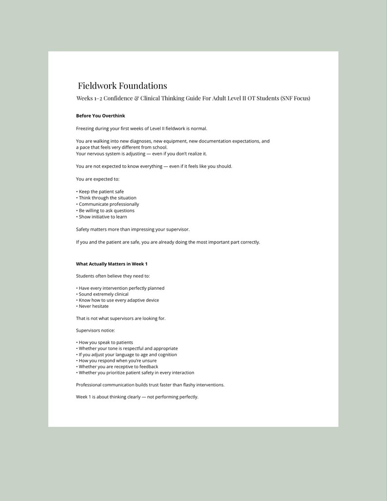 OT Student Framework Confidence Guide | Level II Fieldwork SNF Resource ...