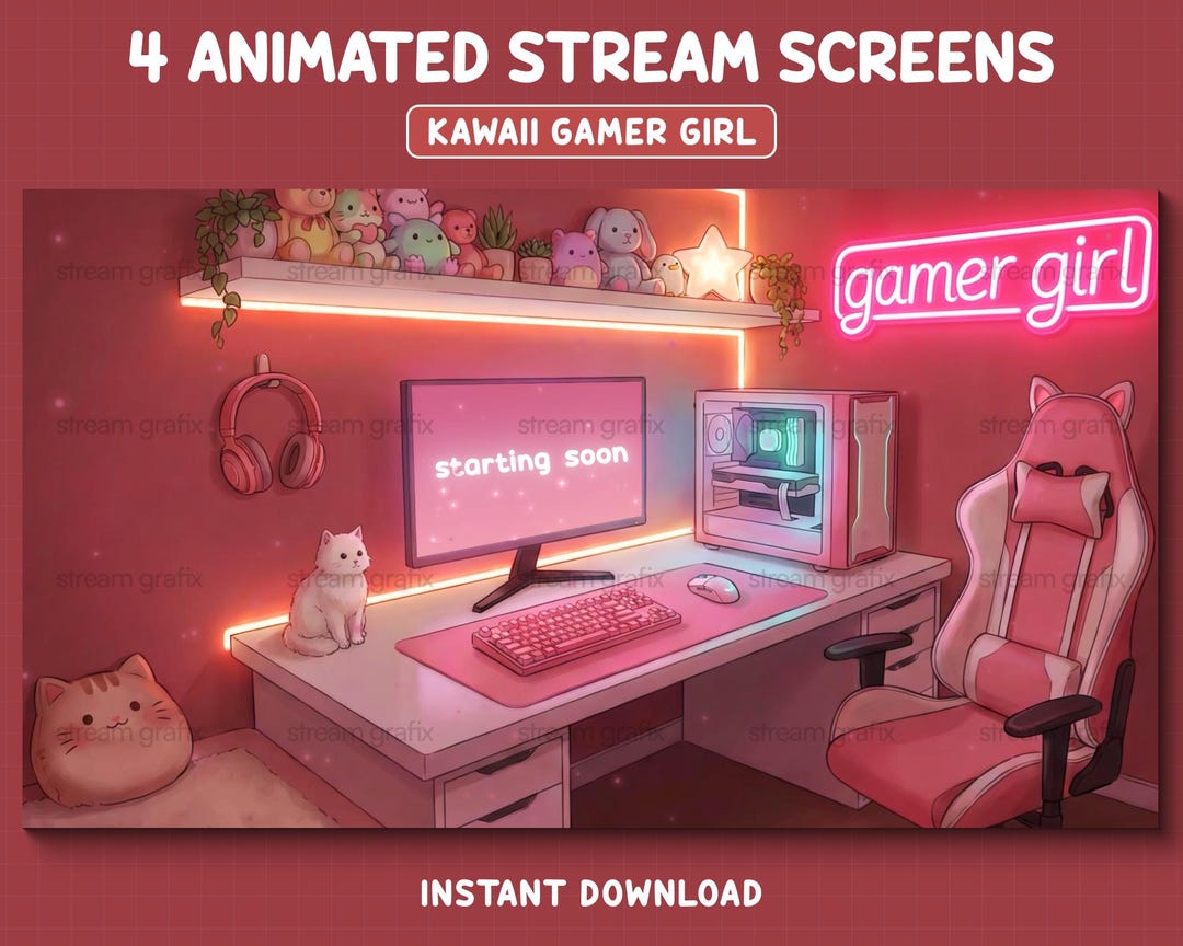 Cute Kawaii Pink Twitch Overlay, Gamer Girl Animated Stream Overlay ...