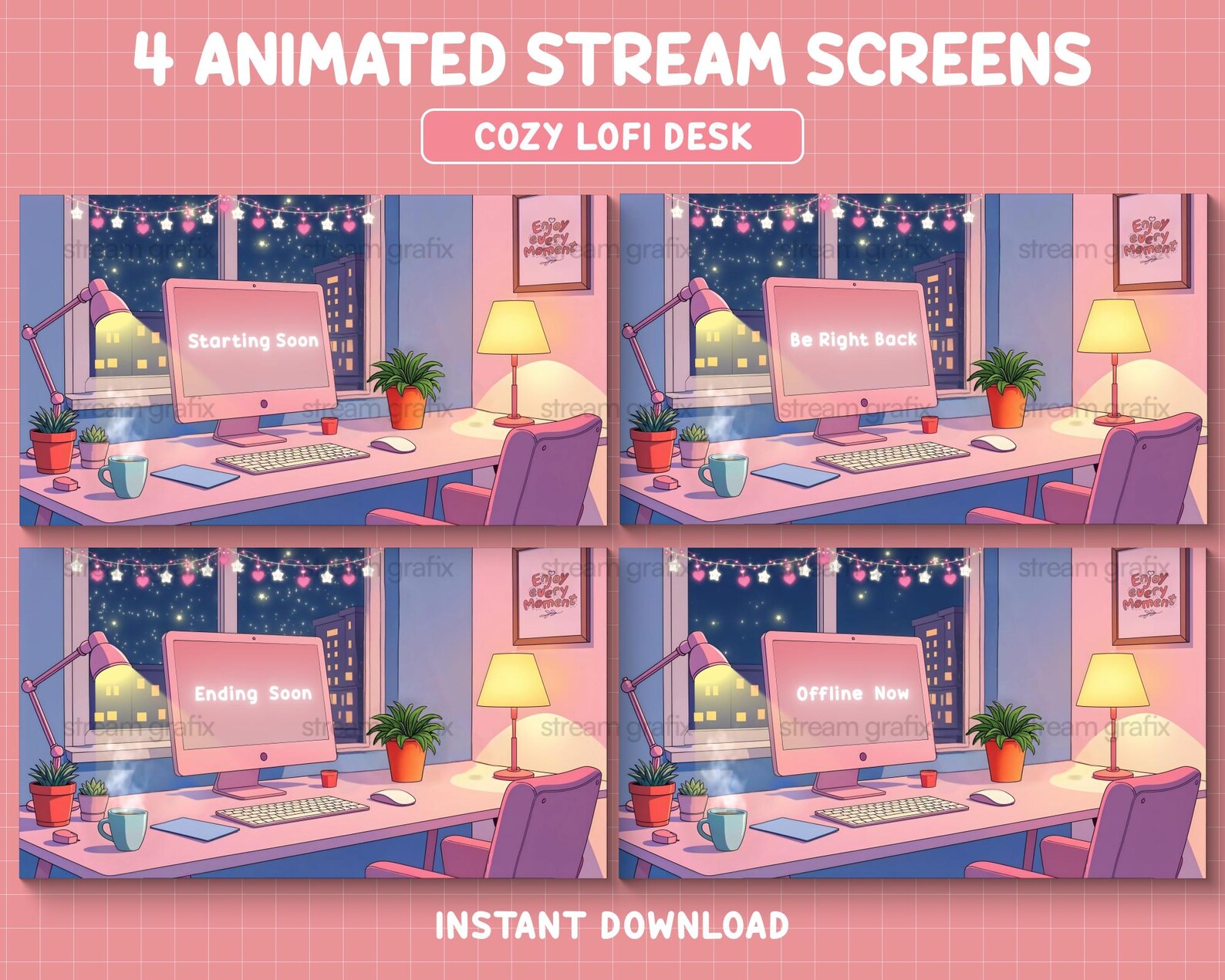 Cozy Pastel Stream Screens, Cute Pink Gaming Desk Twitch Overlay - Etsy