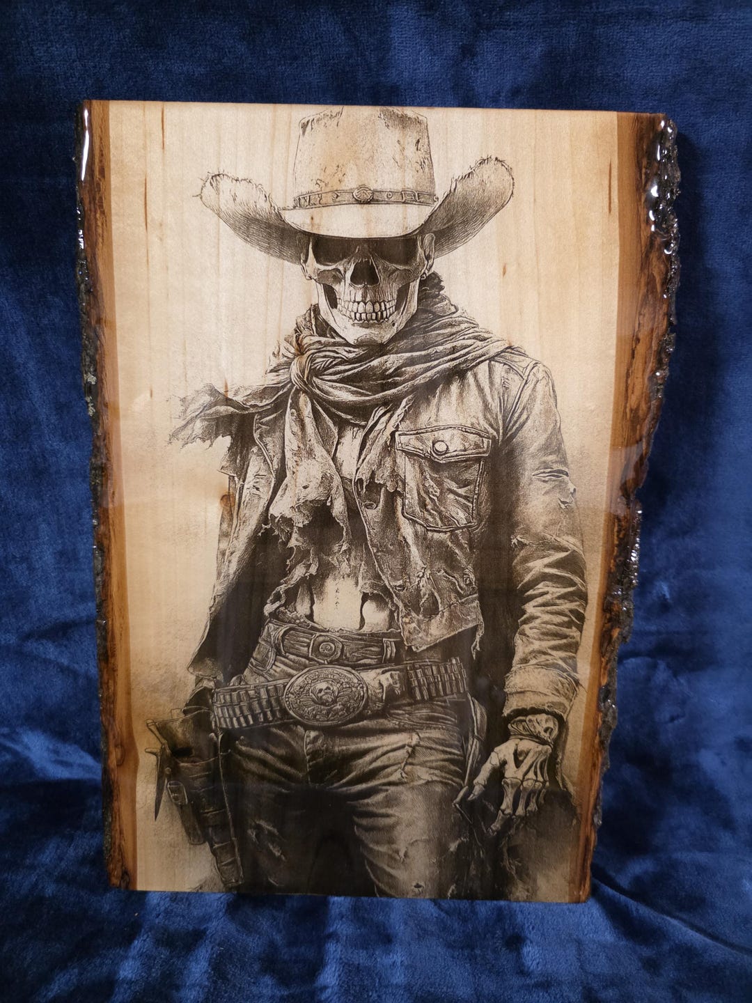 Cowboy Skeleton Lasered on Live Edge Wood and Coated With Epoxy. - Etsy