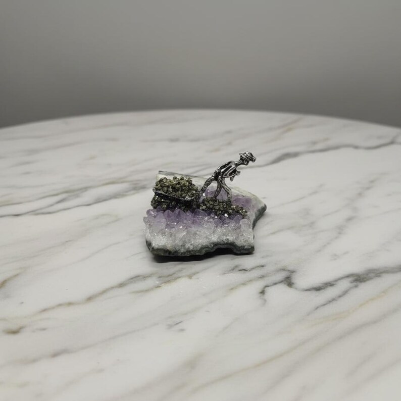 Buy Handmade Worker Figurine on Amethyst Crystal With Pyrite Cluster ...
