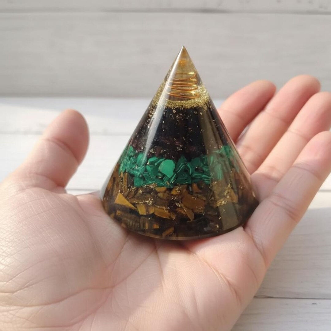 Orgonite Energy Cone Pyramid With Tiger Eye and Green Chips, Glossy ...