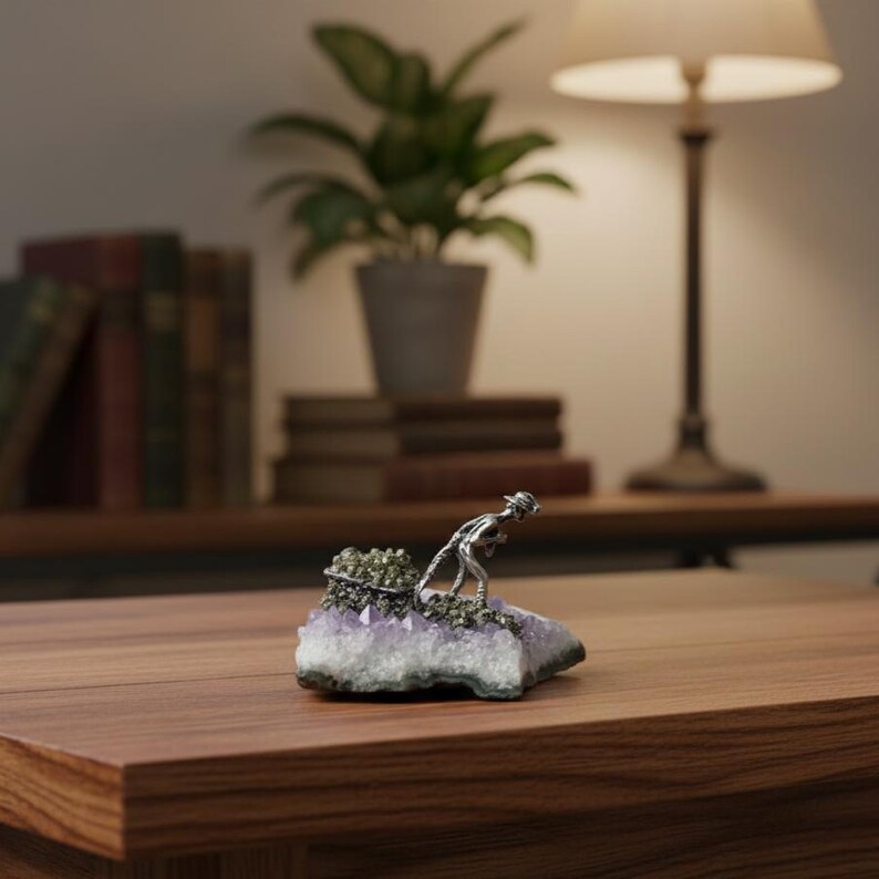 Buy Handmade Worker Figurine on Amethyst Crystal With Pyrite Cluster ...