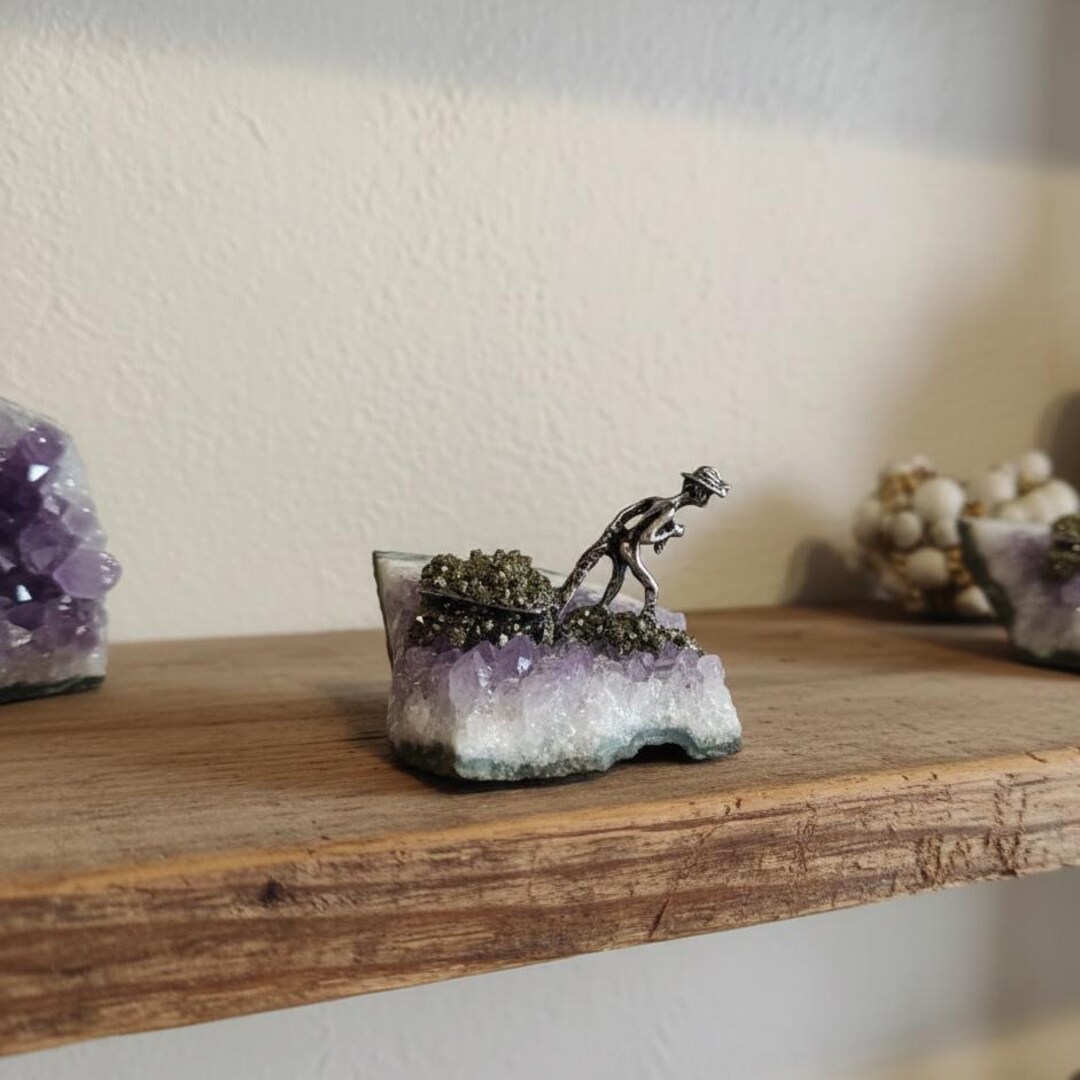 Buy Handmade Worker Figurine on Amethyst Crystal With Pyrite Cluster ...