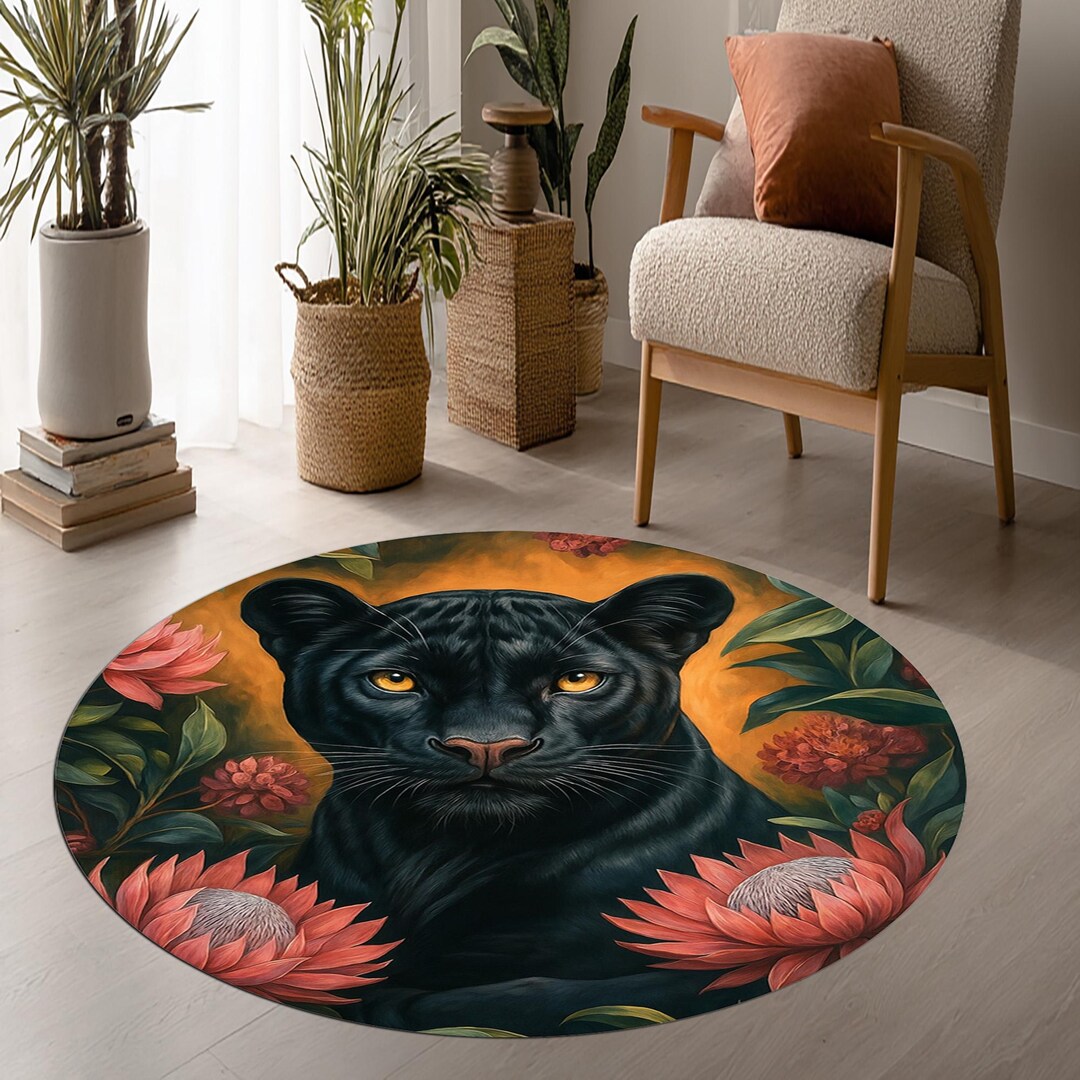 Black Panther Round Rug – Wild Animal Art Carpet, Jungle Floral Decor ...