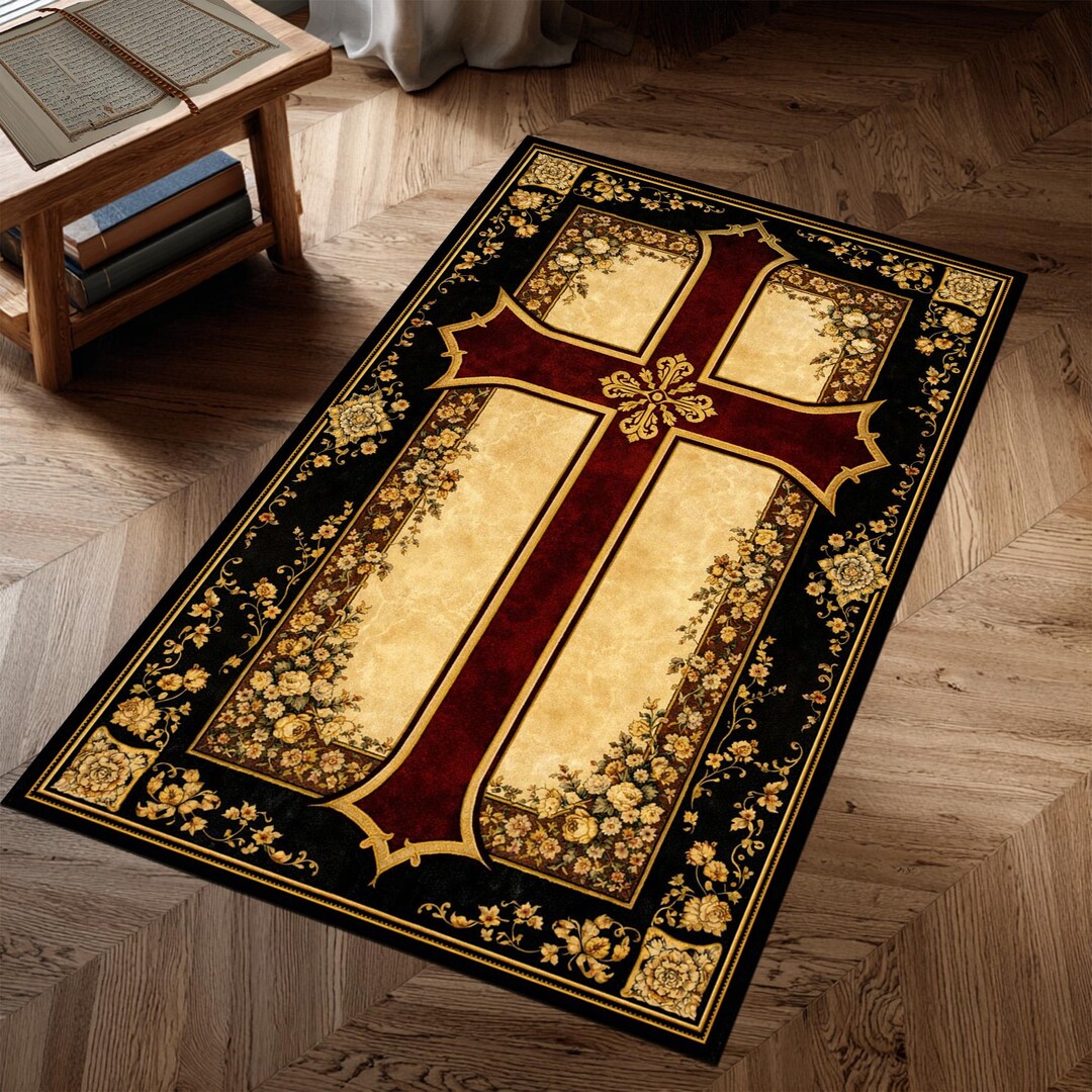 Christian Cross Prayer Rug, Vintage Gothic Cross Carpet, Religious Home ...