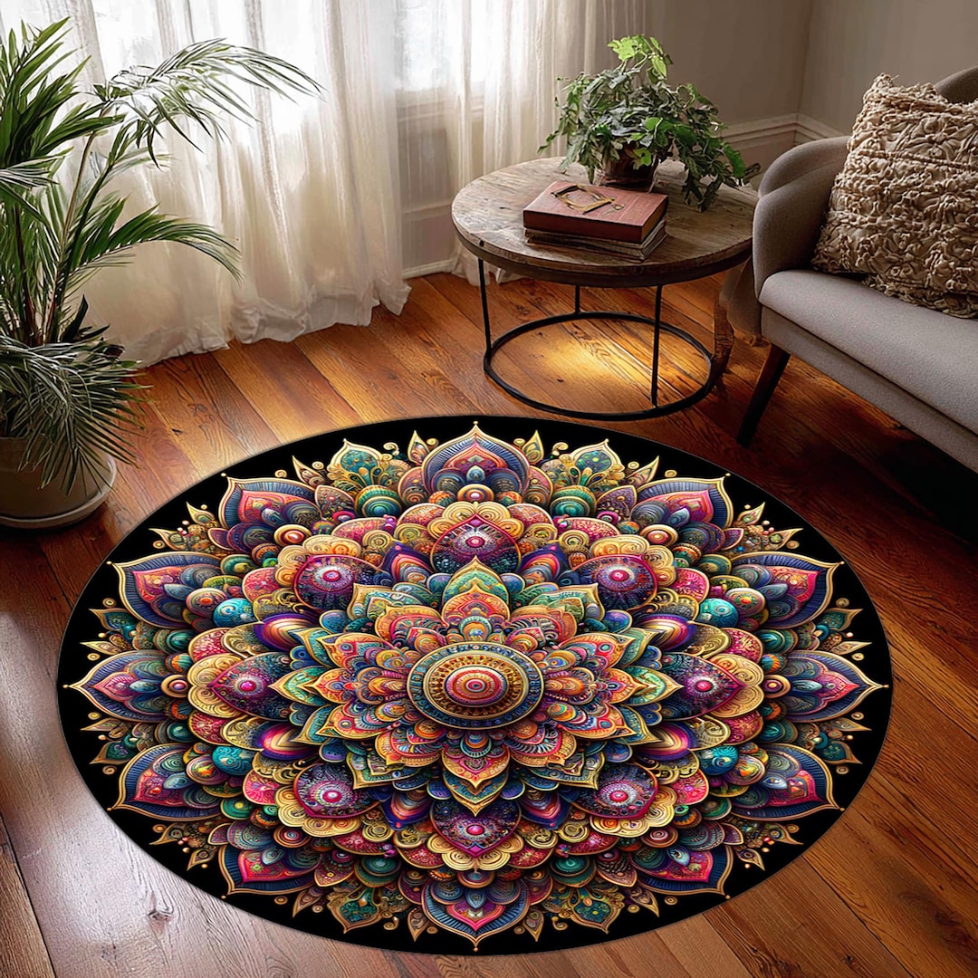 Colorful Mandala Round Rug – Boho Floral Circle Carpet, Sacred Geometry ...