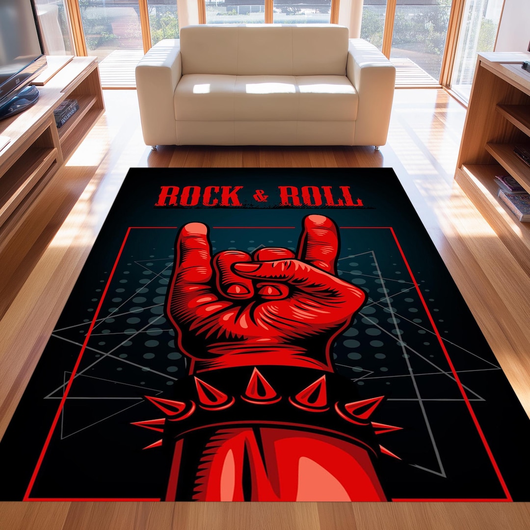 Rock Hand Sign Rug, Red Rock & Roll Carpet, Punk Metal Decor, Music ...