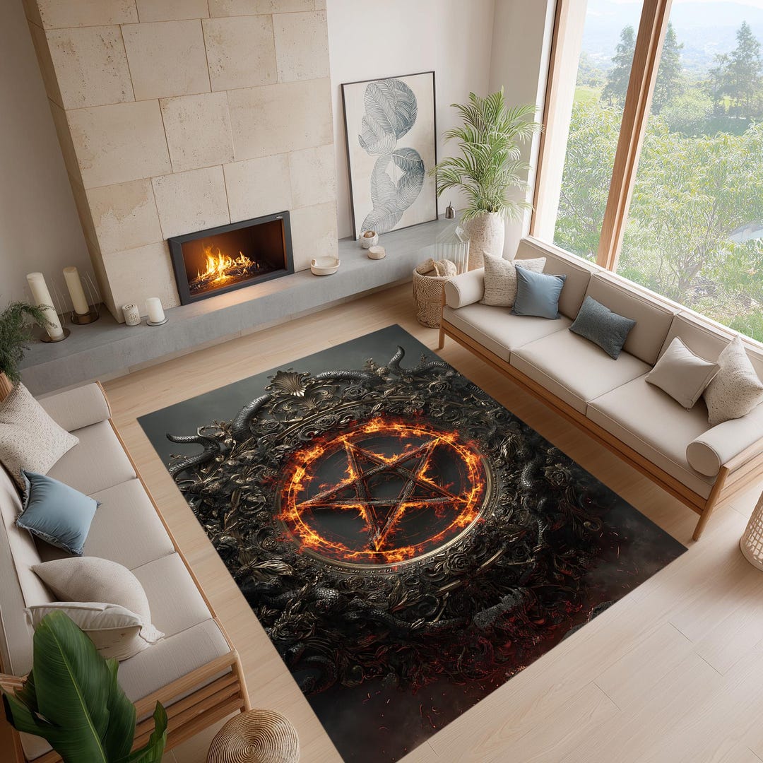 Gothic Fire Pentagram Rug, Infernal Sigil Carpet, Black and Red ...