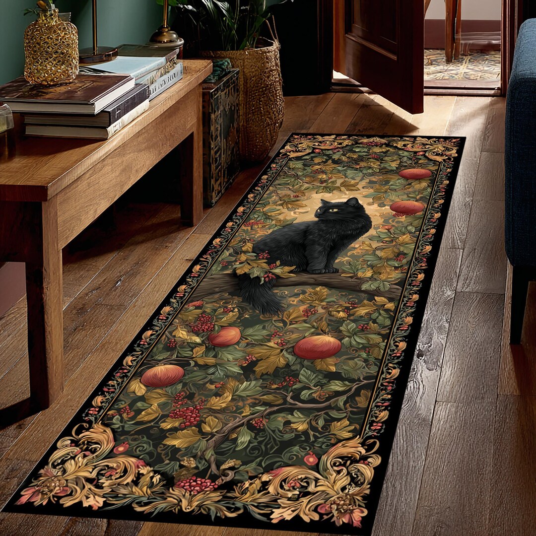 Black Cat Baroque Runner Rug, Vintage Floral Hallway Carpet, Ornate ...