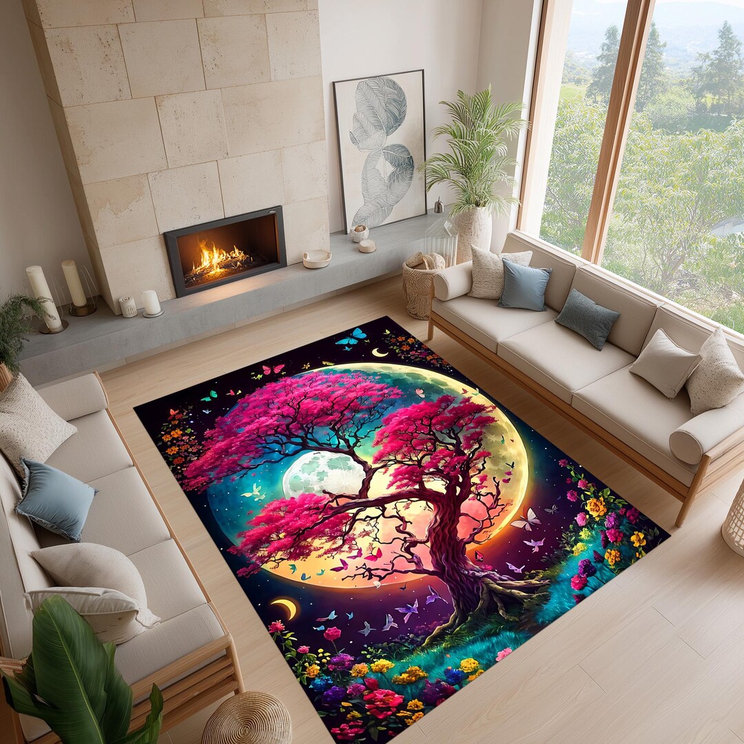 Fantasy Moon Tree Rug – Colorful Magical Forest Carpet, Vibrant Galaxy ...
