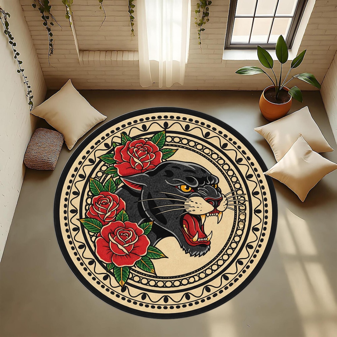 Black Panther Round Rug, Tattoo Style, Gothic Roses - Etsy