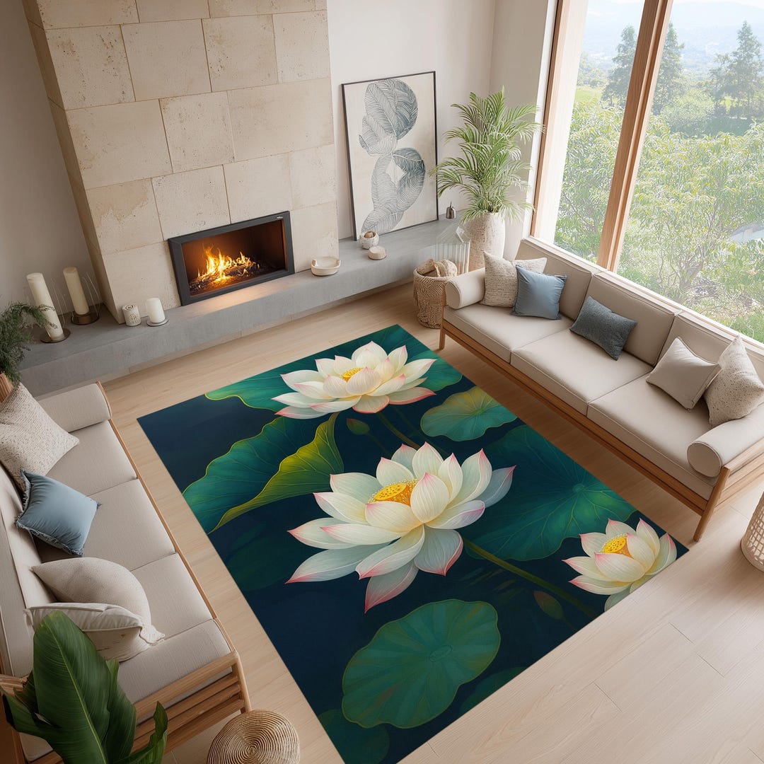 Lotus Flower Area Rug – Elegant White Water Lily Carpet, Botanical ...