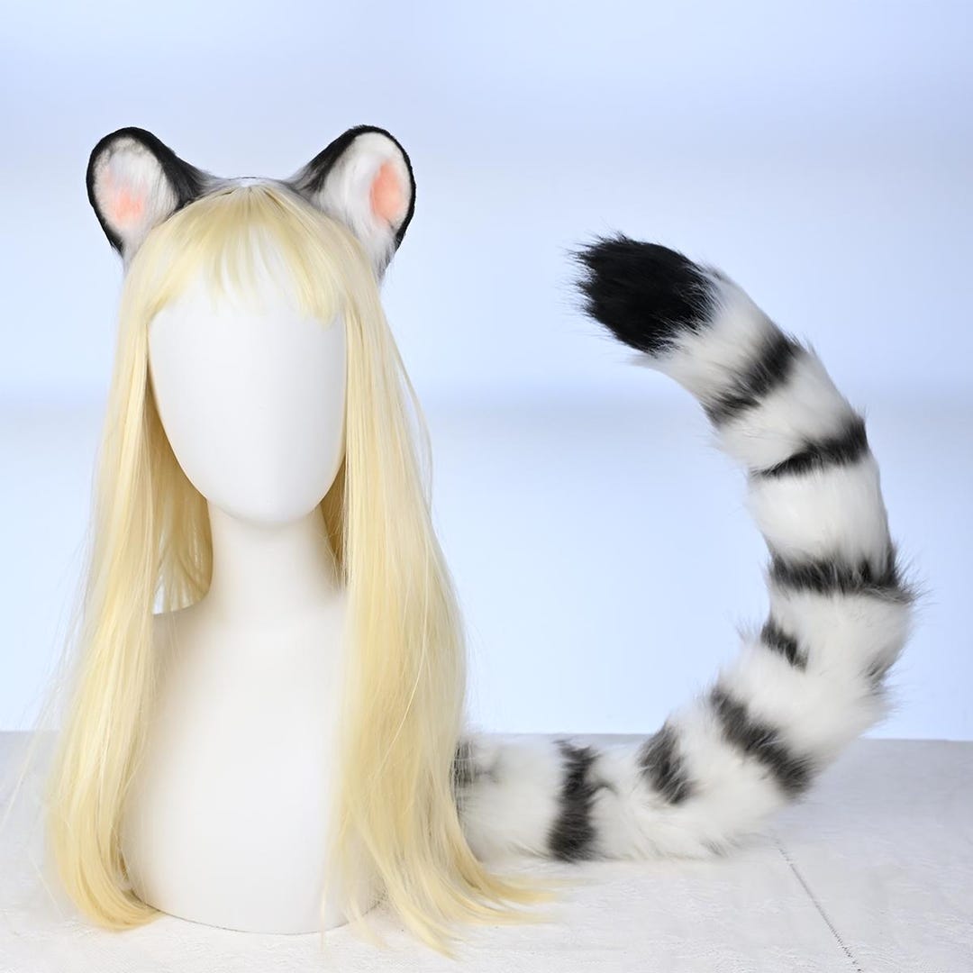 Black and White Tiger Ears and Furry Tails, Fluffy Animal Cosplay ...