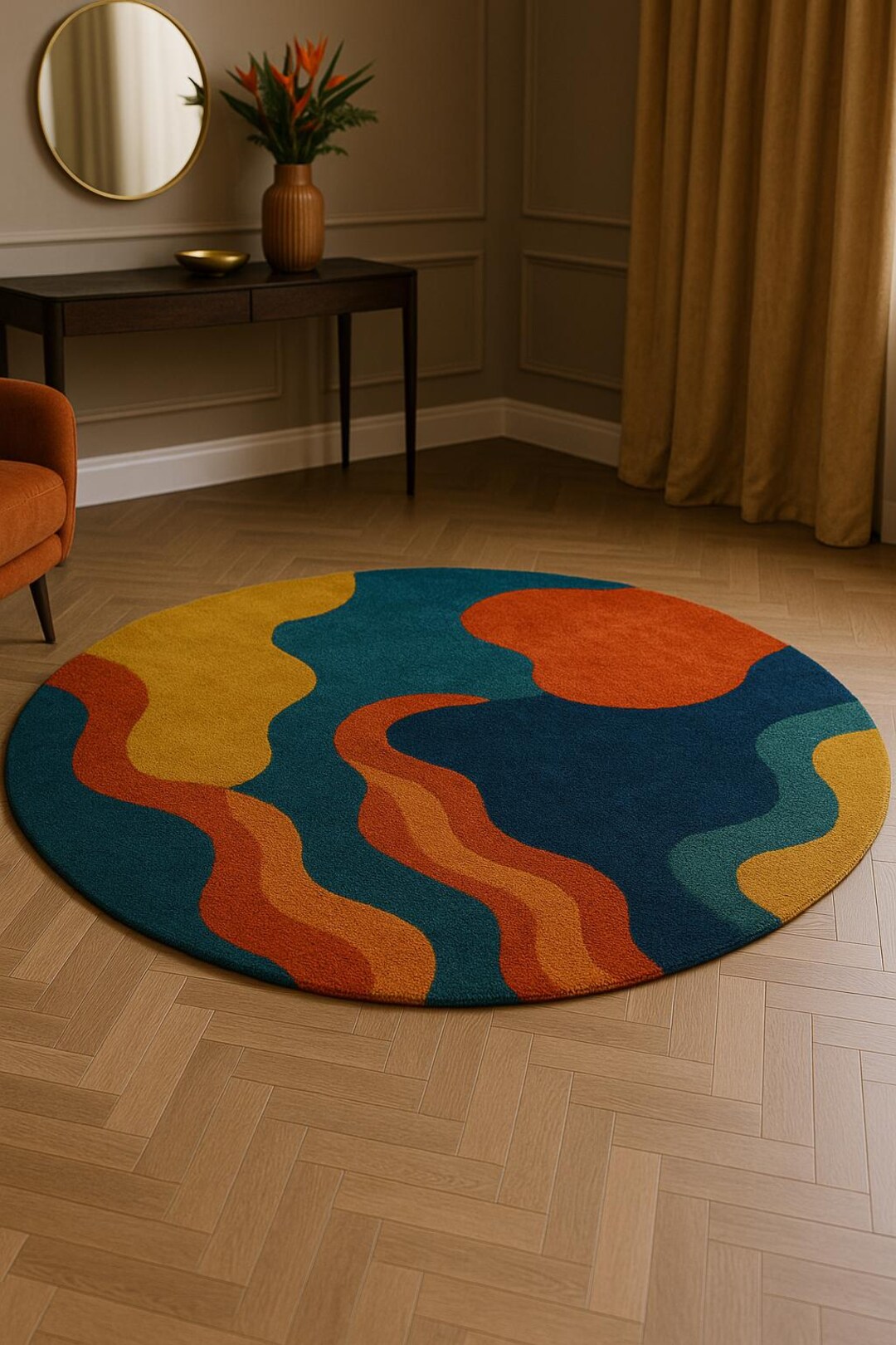 Round Abstract Rug – Colorful Hand Tufted Wavy 5x5 Ft Carpet, Retro Mid ...