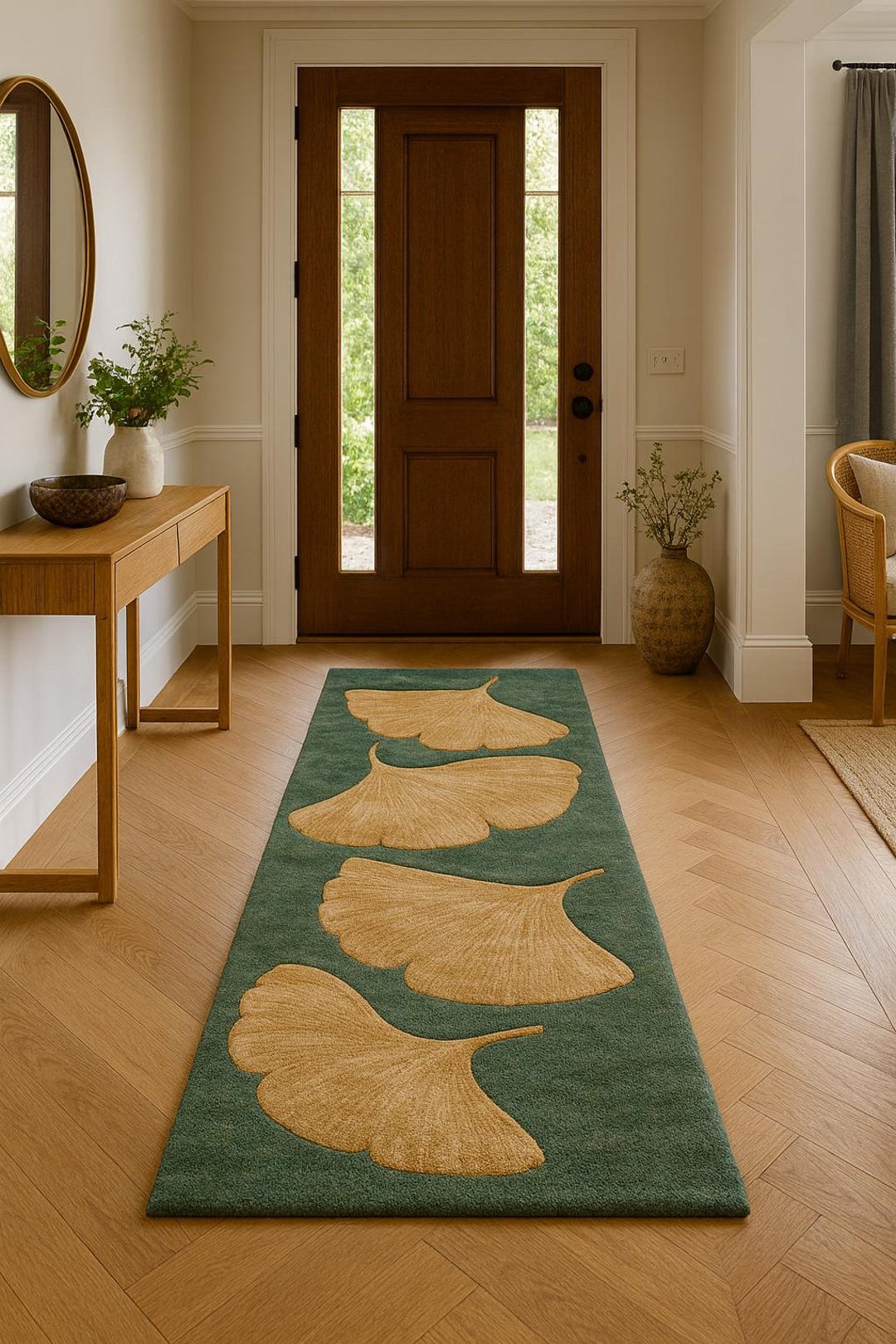 Ginkgo Leaf Foyer Runner Rug – Modern Entryway, Botanical Hallway ...