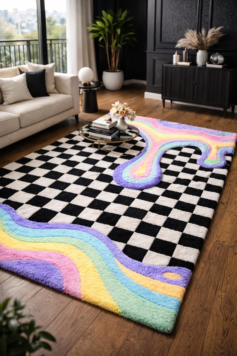Checkered Drip Melting Pastel Wave Rainbow Wool Hand Tufted Rug–funky ...