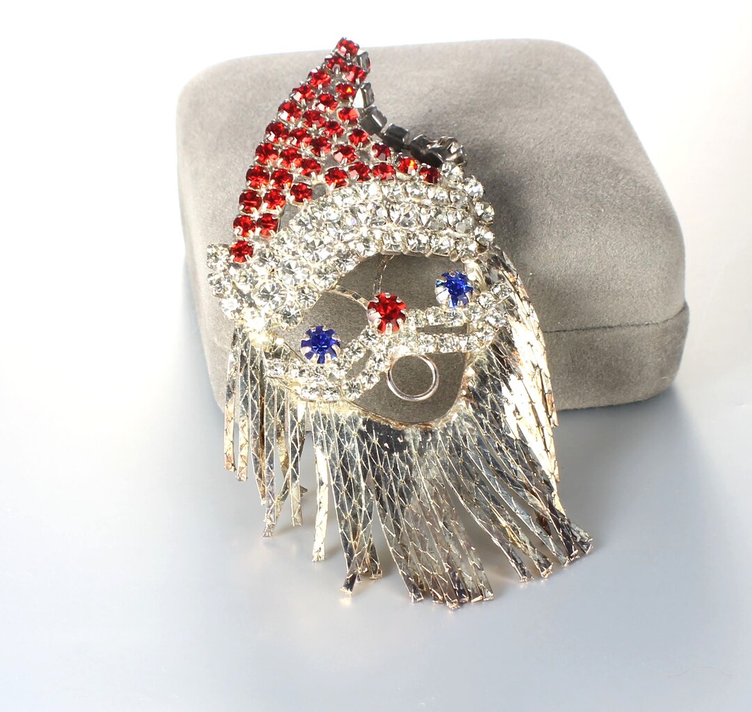 Rhinestone Santa Brooch With Chain Moveable Beard Vintage Christmas ...
