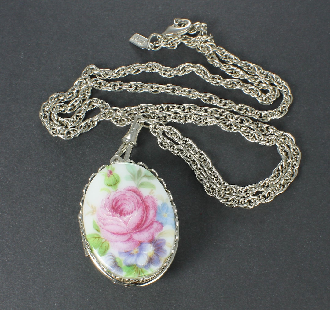 Porcelain Rose Cameo Locket Necklace, Victorian Revival, Silver Tone ...