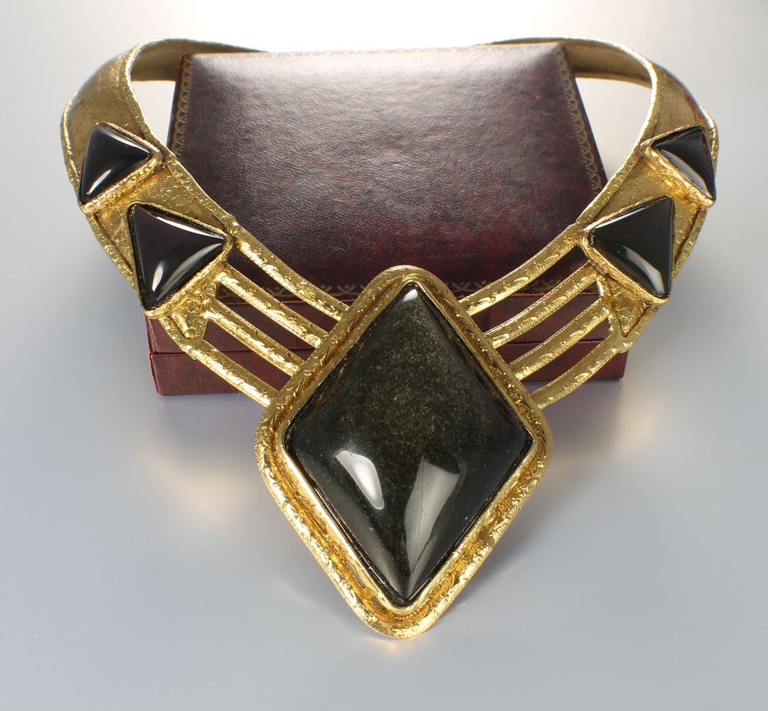 Obsidian Onyx Torque Collar Cleopatra Necklace Modernist Gold Tone ...