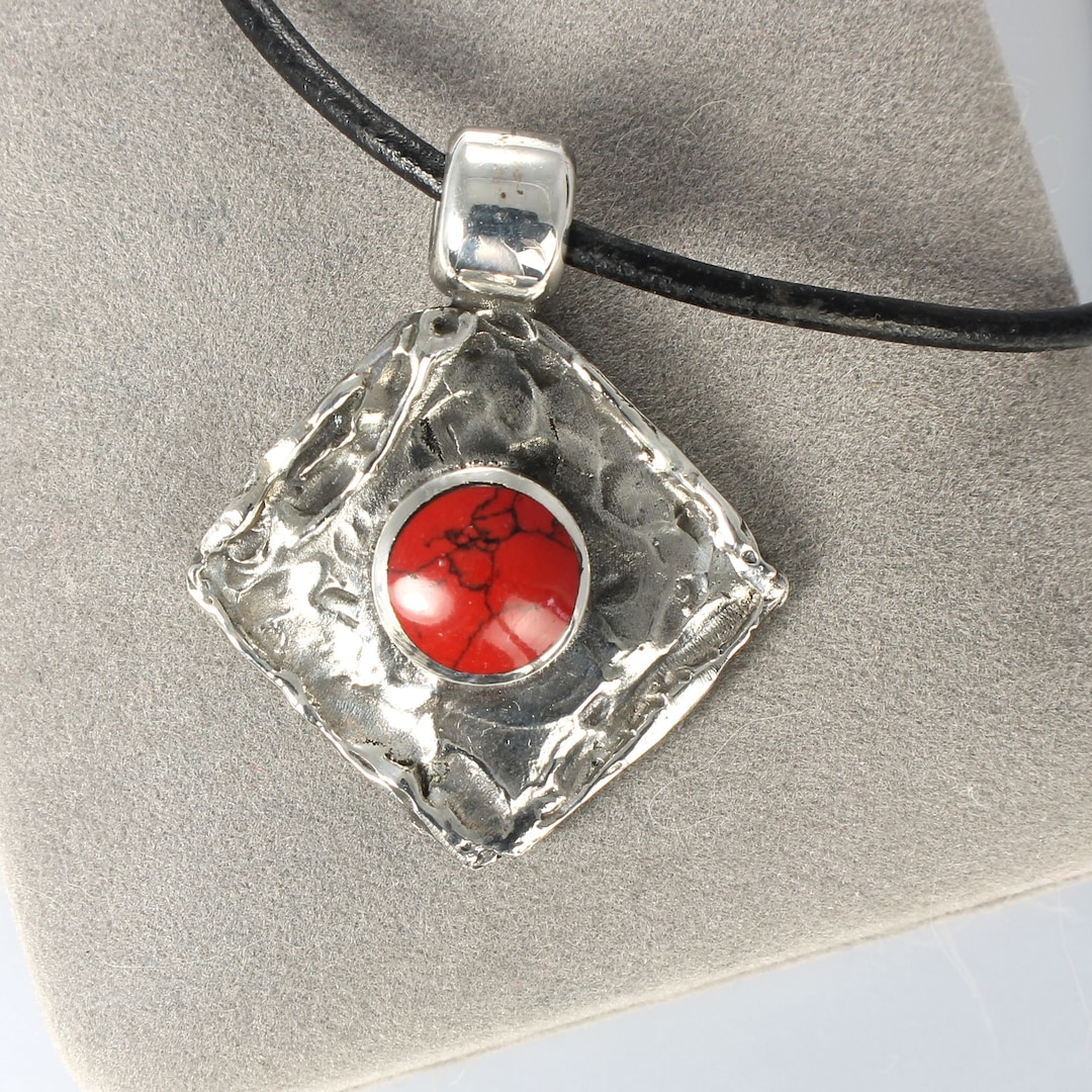 Modernist Sterling Silver Jasper Square Pendant Necklace, Black Leather ...