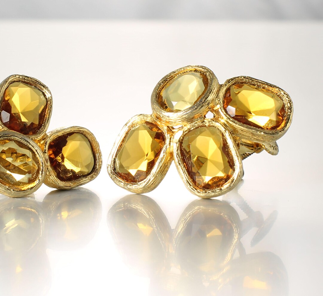 Modernist Accessocraft NYC Topaz Glass Earrings, Brushed Gold Clip Ons ...