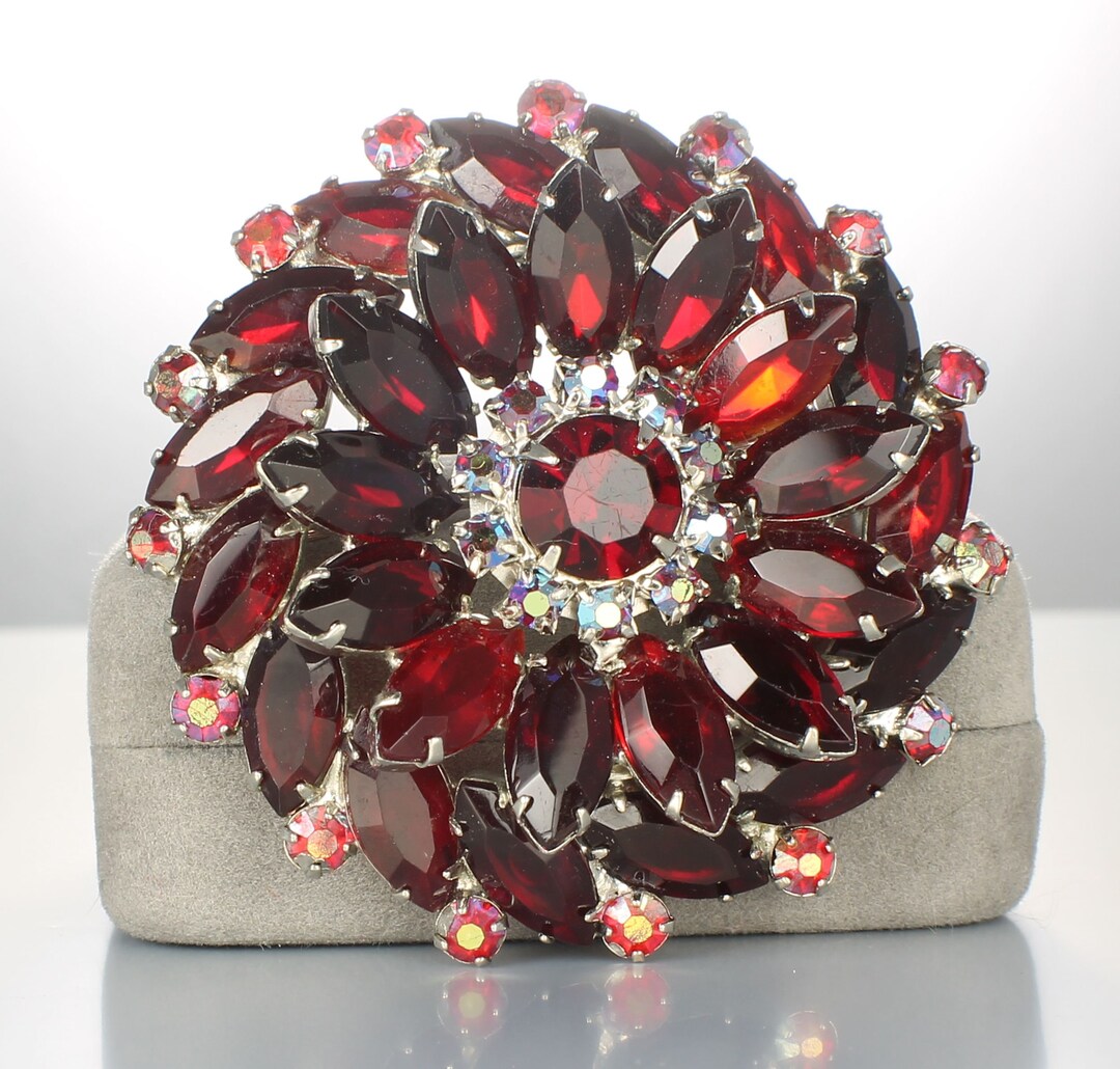 Large Red Rhinestone Layered Flower Brooch Pin 2.25 Inches 1960s ...