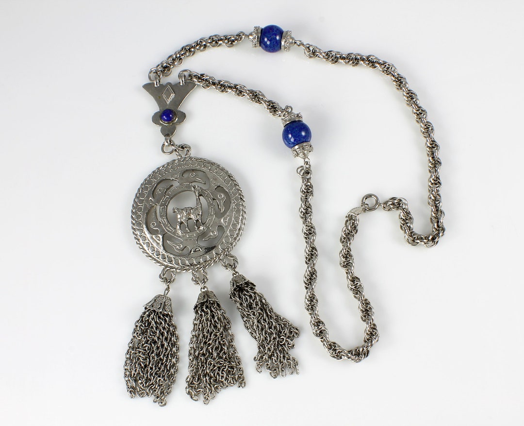 Large Accessocraft NYC Aztec Lama Necklace, Faux Lapis Lazuli, 1970s ...