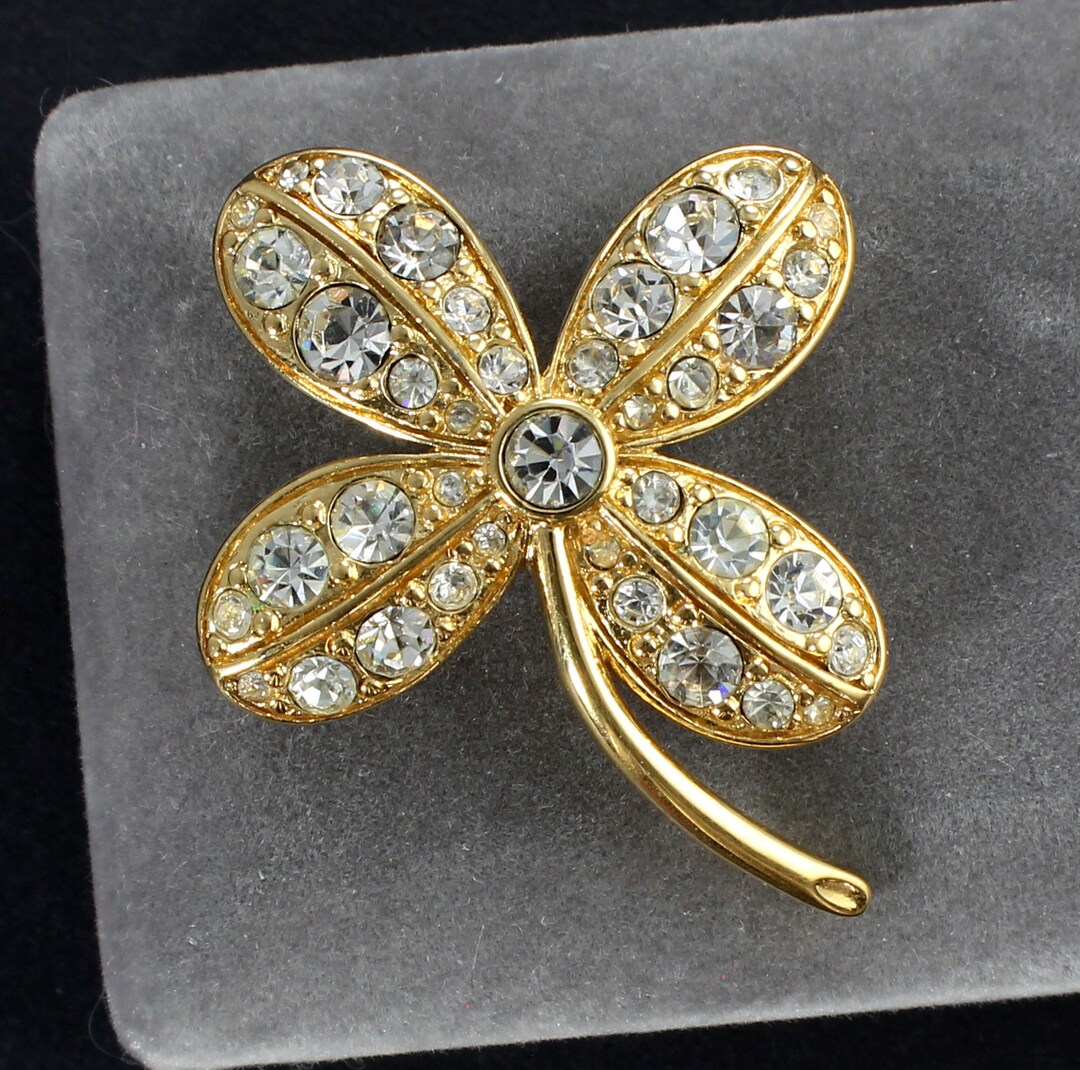 Monet Gold Clear Rhinestone Four Leaf Clover Brooch - Etsy