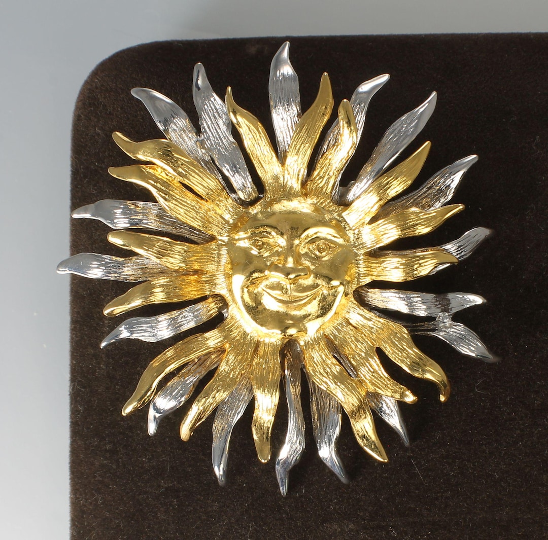 JJ Jonette Silver Gold Sun Face Brooch 1990s Jewelry - Etsy