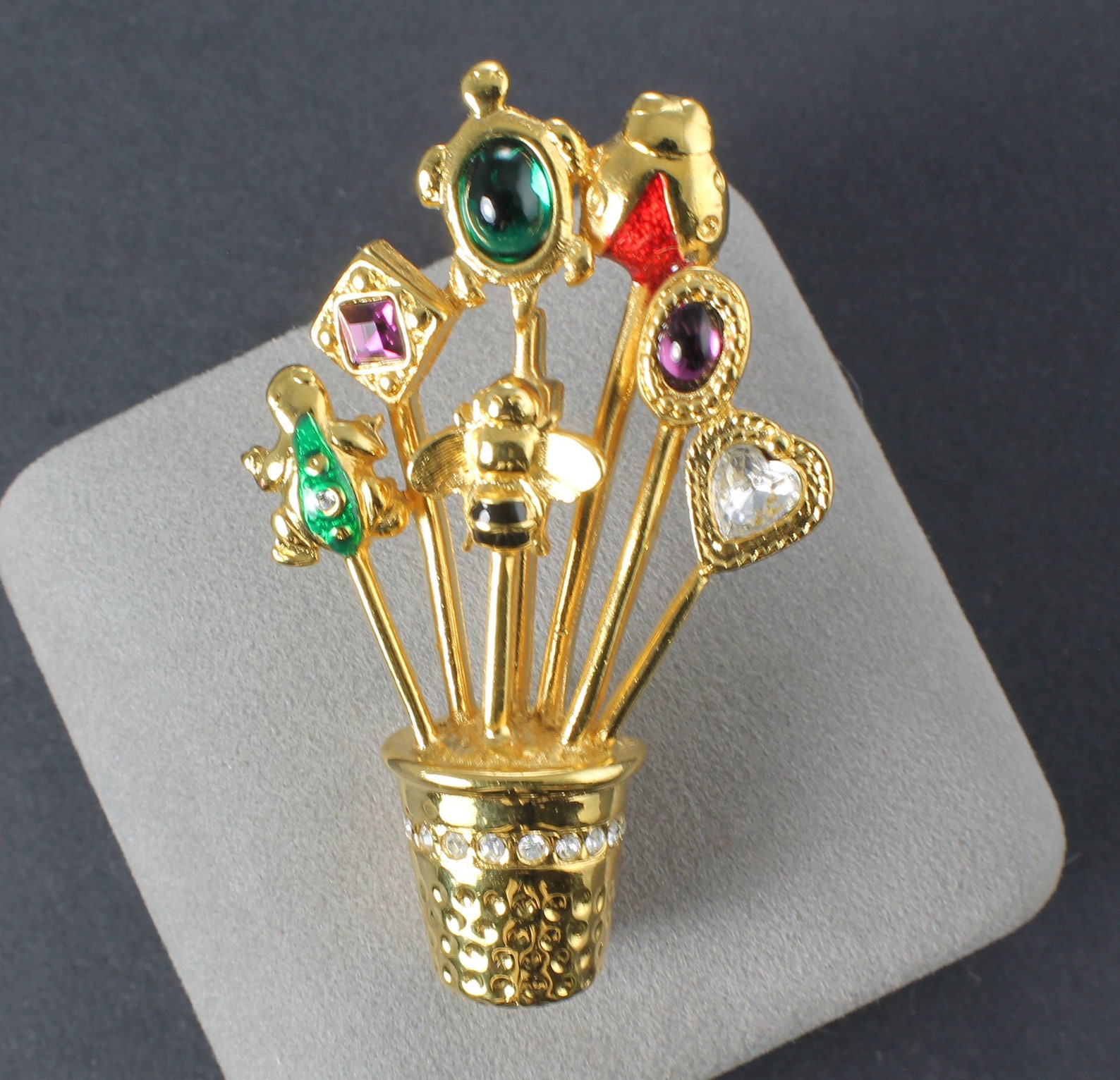 Carolee Gold Thimble Brooch, Enamel Frog Bee Turtle Ladybug Pins, 1990s ...