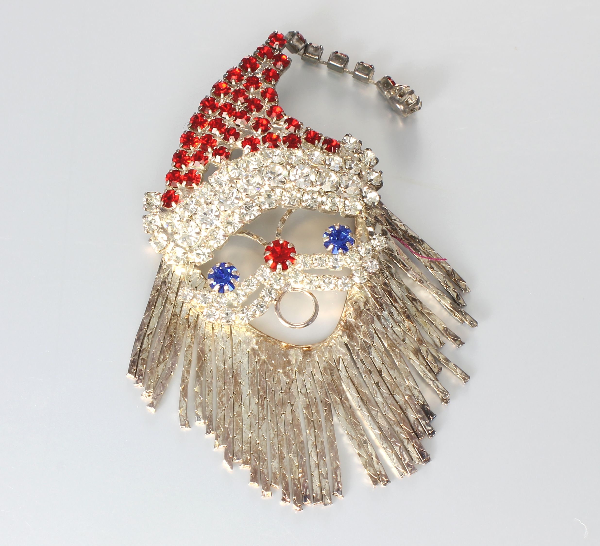 Rhinestone Santa Brooch With Chain Moveable Beard Vintage Christmas ...