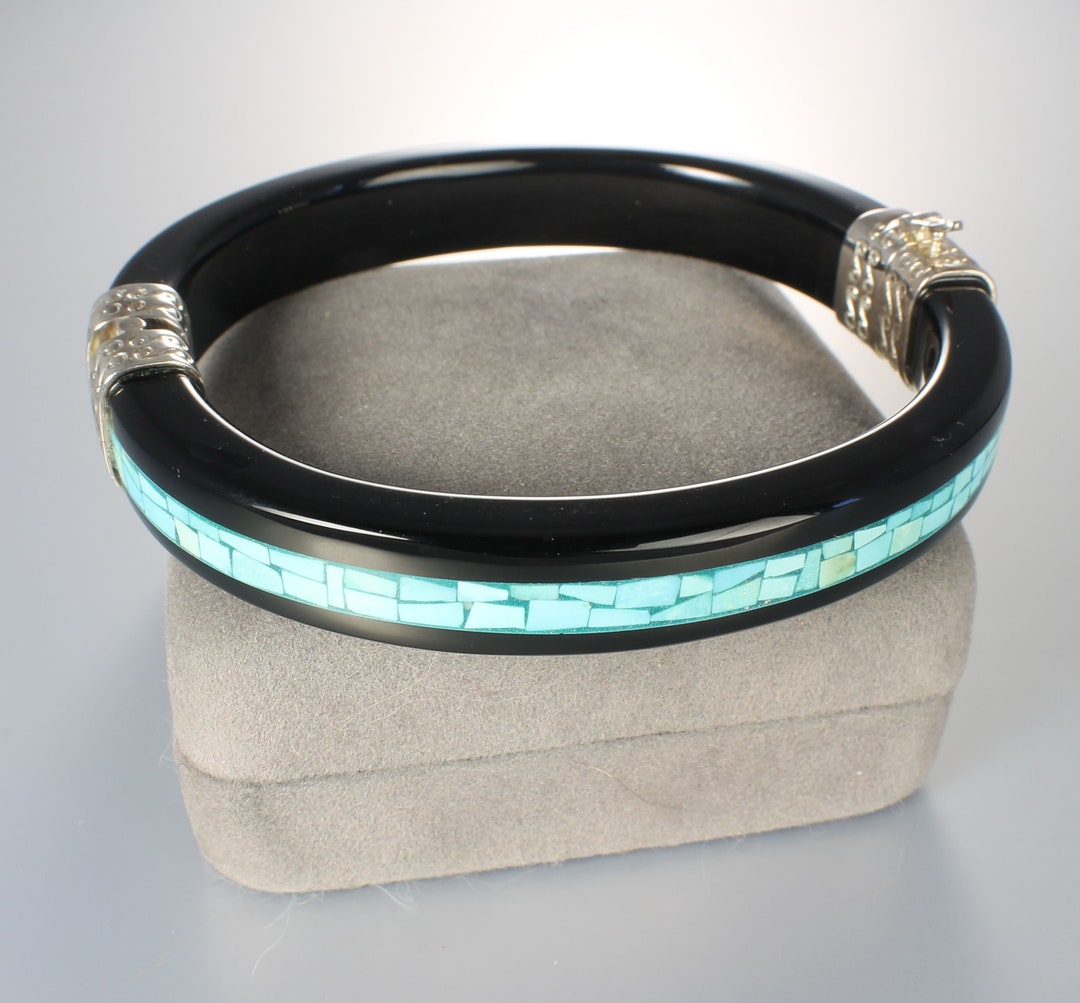 Onyx Turquoise Inlay Oval Hinged Bangle Sterling Clasp - Etsy