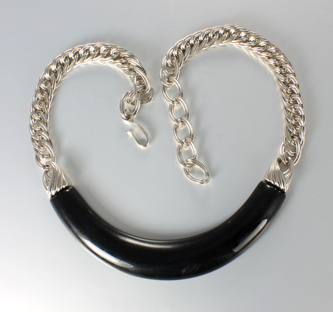 1980s Modernist Monet Black Lucite Collar Necklace Silver Tone Runway ...