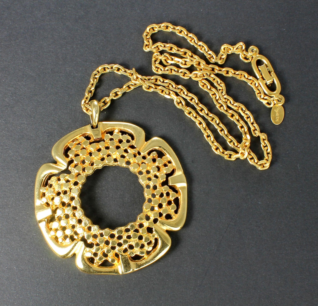 Oversized Open Cut Mod Pendant Necklace, Signed Roget, Polished Gold ...