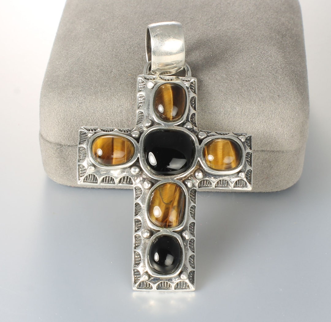 Large Sterling Silver Tigers Eye Cross Pendant, Onyx Cabochons, Navajo ...