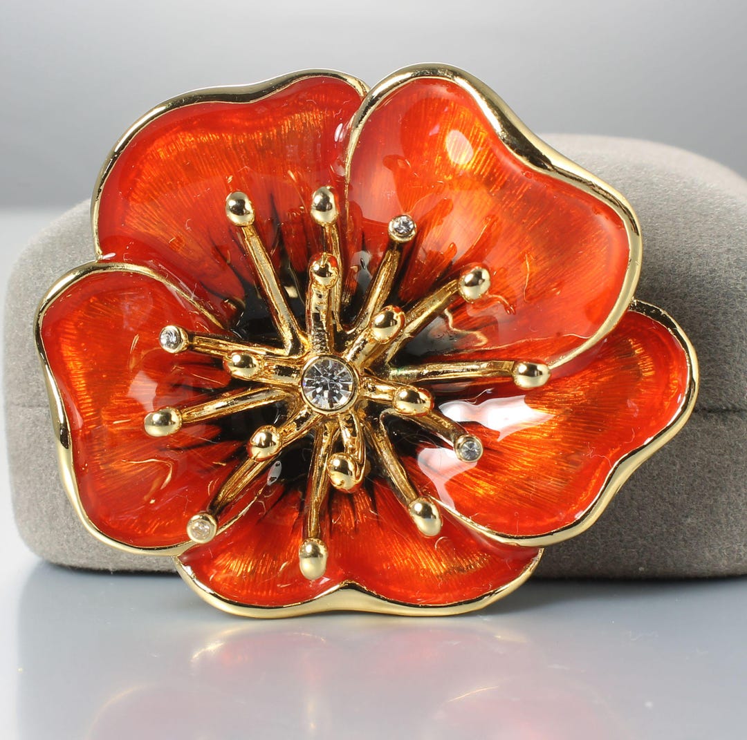 Monet Poppy Flower Orange Enamel Brooch, Clear Rhinestone - Etsy