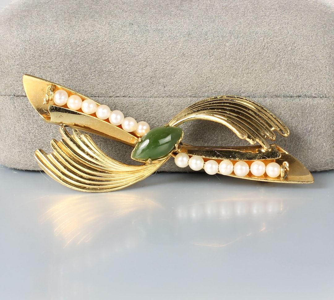 WINARD Gold Filled Nephrite Jade Pearl Brooch 1960s Jewelry - Etsy