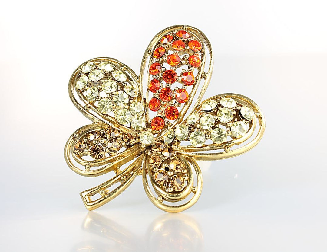 Vintage Rhinestone Leaf Brooch Orange Yellow Topaz 1960s Jewelry Gold