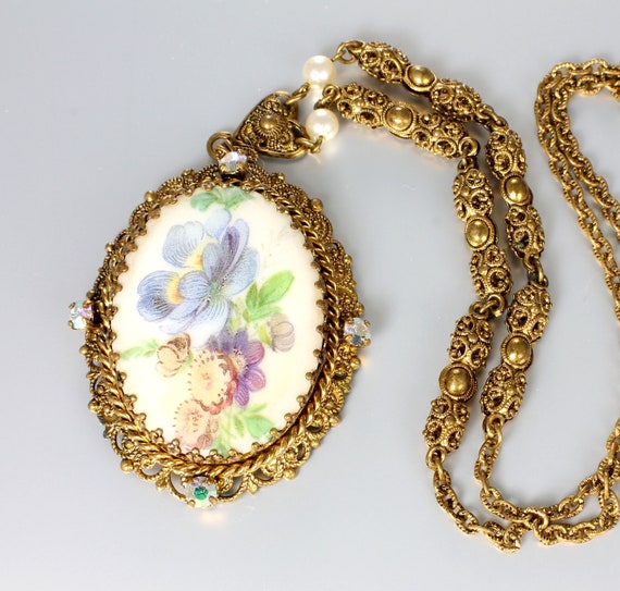 West Germany Flower Necklace filigree chain painted glass rhinestone 1950s jewelry Etsy