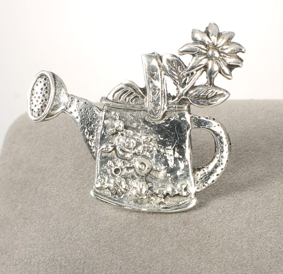 Sterling Silver Watering Can Brooch With Dahlia Flower, 8.7 Grams ...