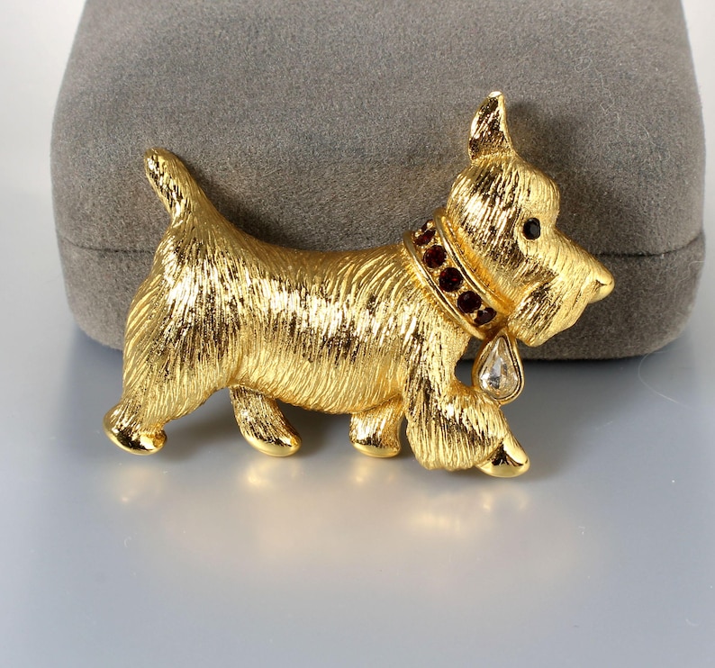 Napier Gold Tone Scotty Schnauser Dog Brooch, Red Rhinestone Collar - Etsy