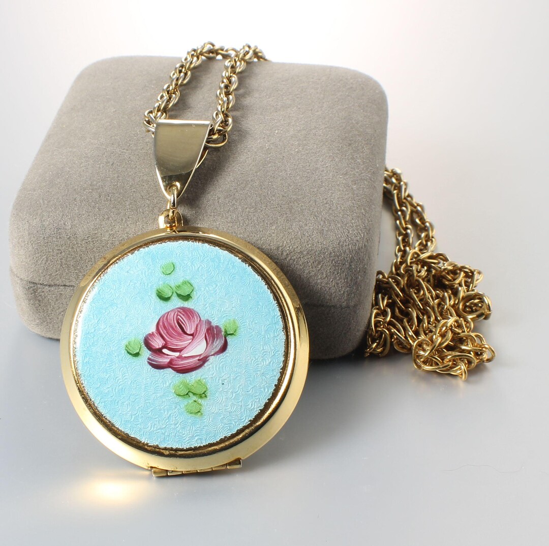 Blue Guilloche Enamel Pink Rose Locket Necklace Gold Tone - Etsy