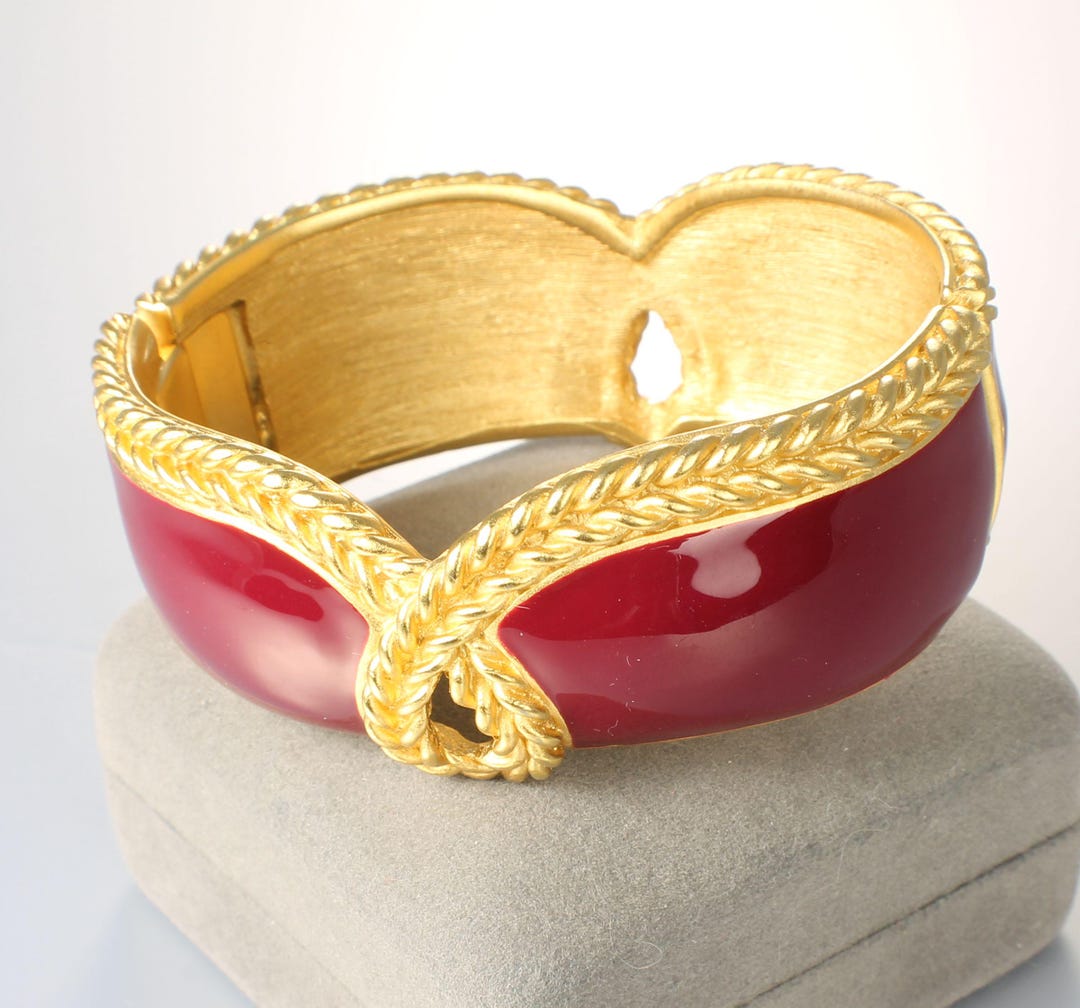 Monet Burgundy Red Enamel Hinged Oval Bangle Satin Gold Tone - Etsy