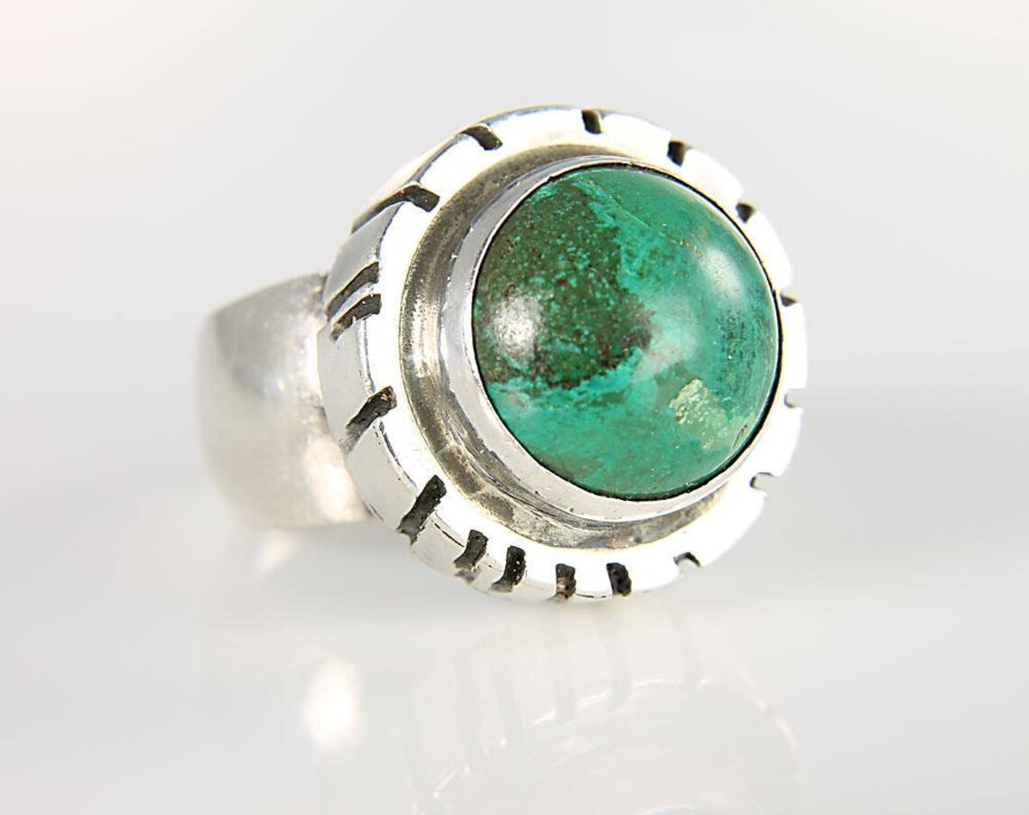 Israel Sterling Silver Eilat Stone Ring Modernist Industrial Malachite ...